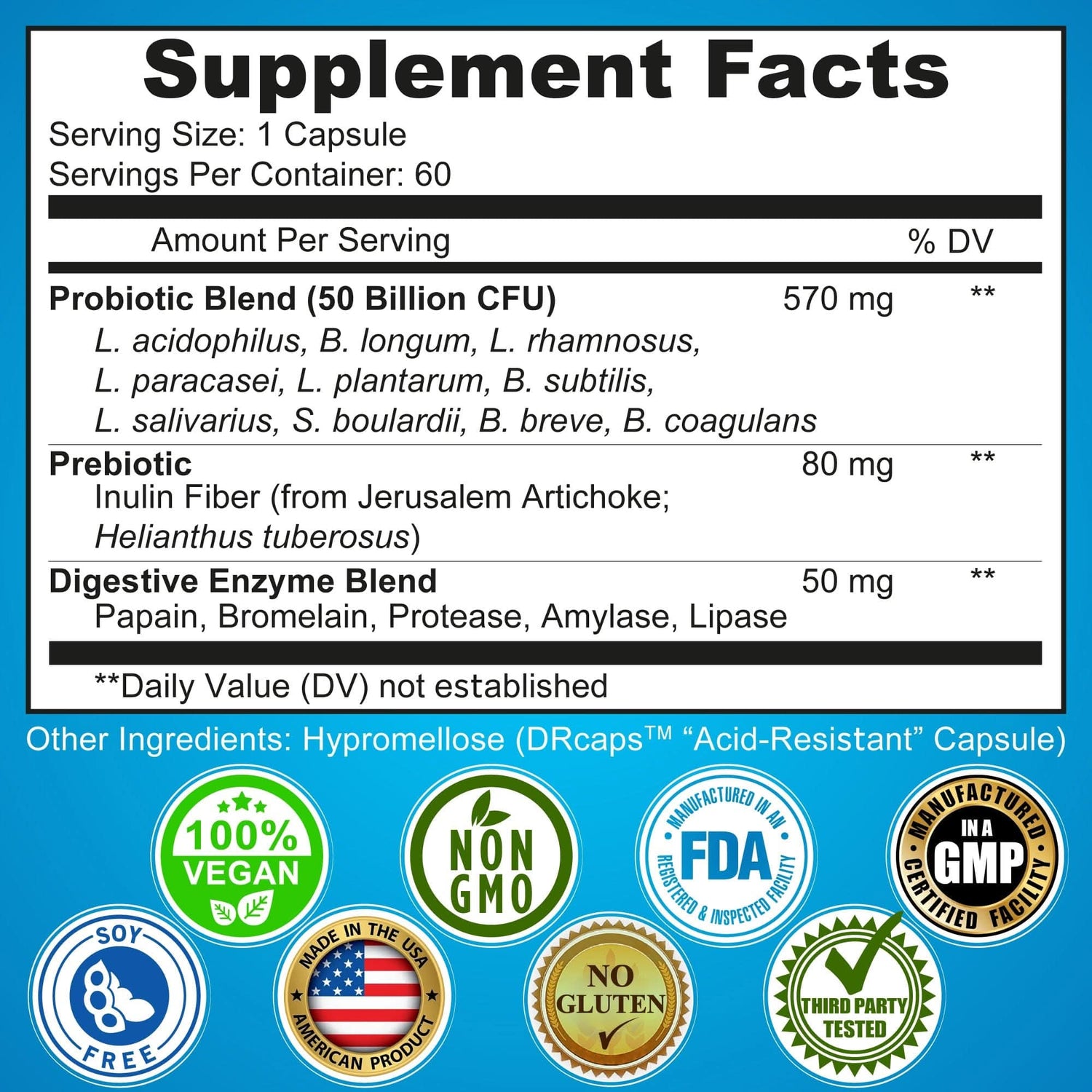 3-In-1 Vegan Probiotic 50 Billion CFU, Prebiotics & Enzymes
