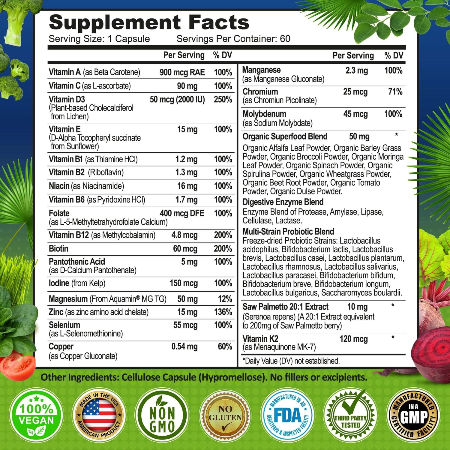 Vegan Daily Multivitamin for Men with Saw Palmetto, Probiotics, Enzyme